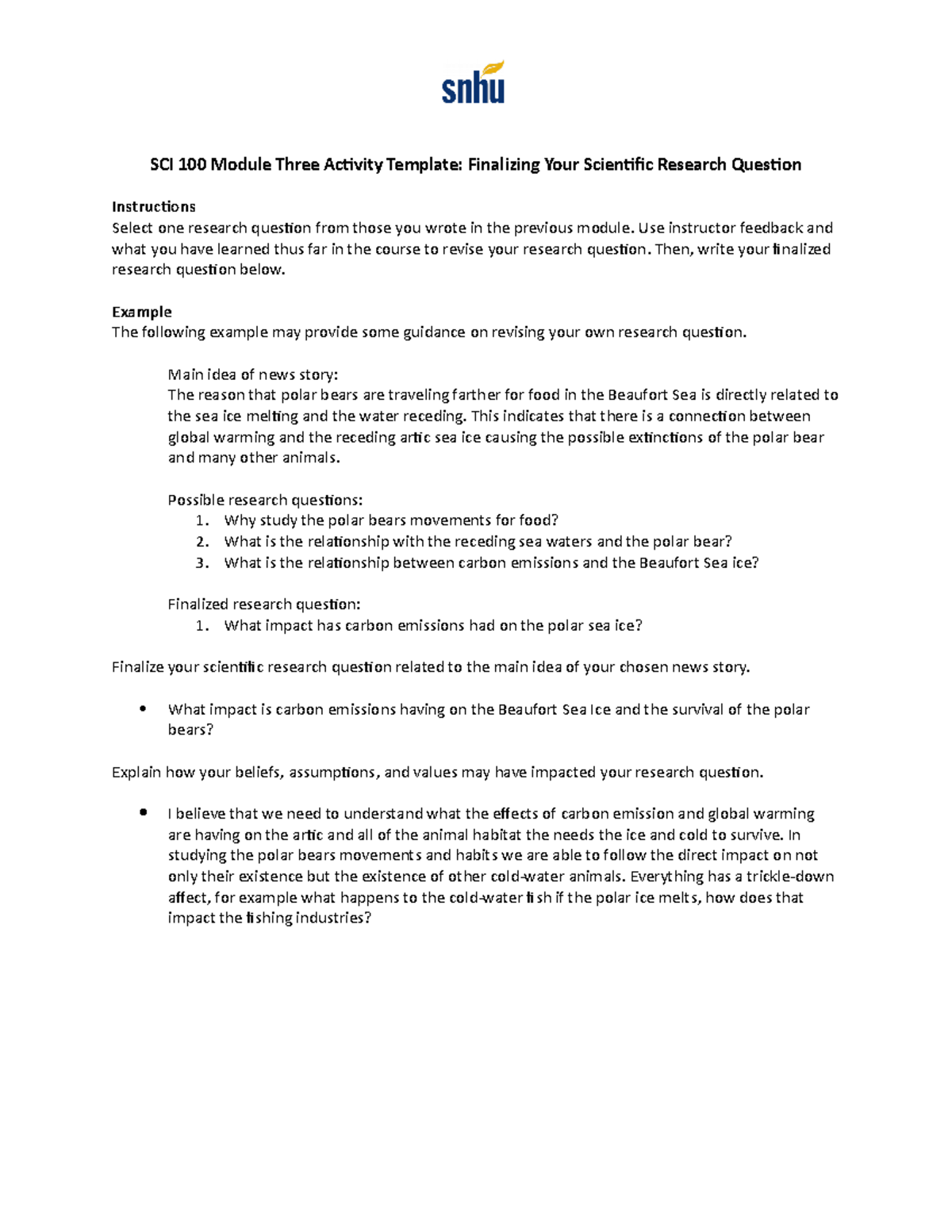 SCI 100 Module Three research question - SCI 100 Module Three Activity ...