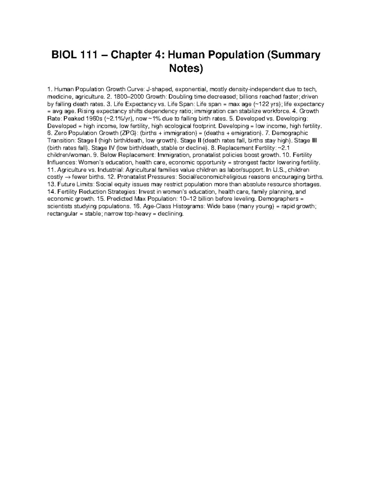BIOL 111 – Chapter 4 Summary: Human Population Dynamics - Studocu