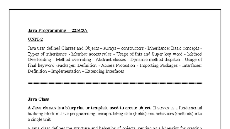 UNIT-2 Java 225C3A Programming: Classes, Objects, and Inheritance ...