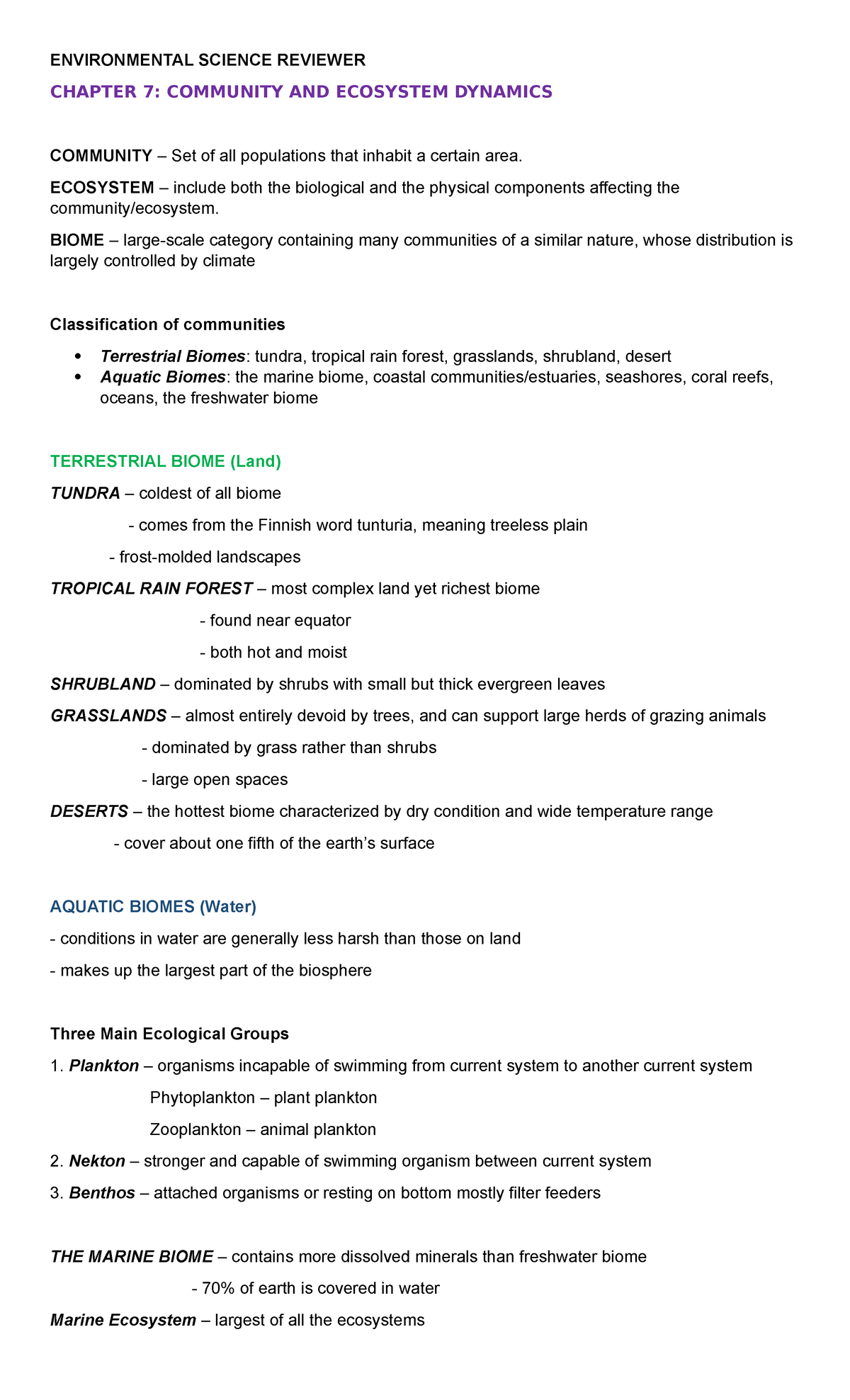 ENVIRONMENTAL SCIENCE REVIEWER CH 7: COMMUNITY & ECOSYSTEM DYNAMICS ...