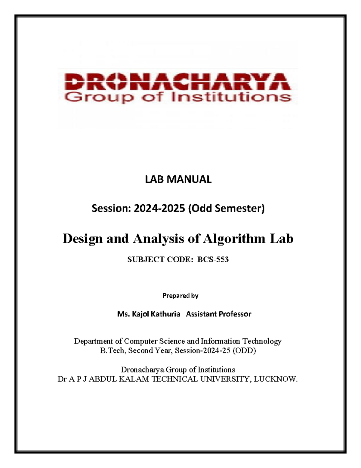 DAA Lab Manual (Odd Sem) - Design & Analysis of Algorithms - Studocu