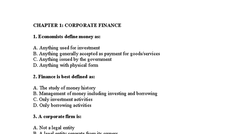 CHAPTER 1: CORPORATE FINANCE - Key Concepts and Definitions - Studocu