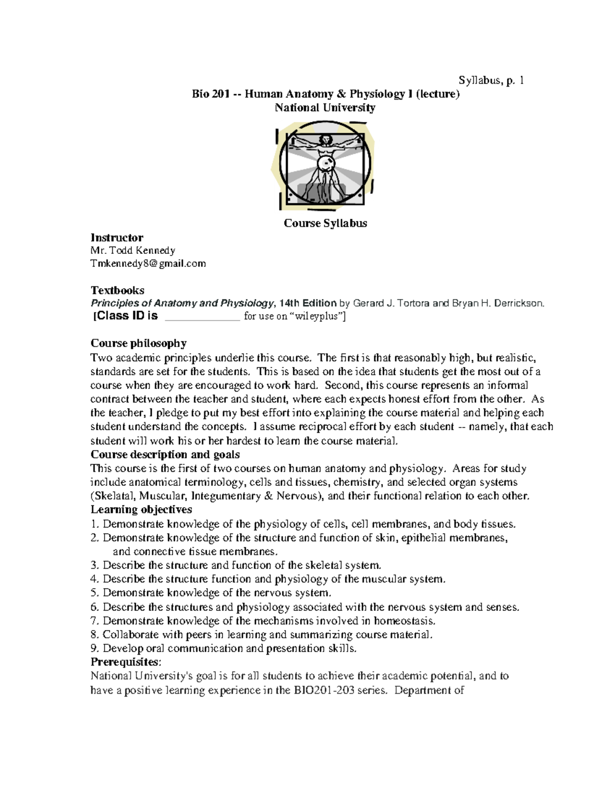 Bio 201 Lecture Syllabus for Human Anatomy & Physiology I - Studocu
