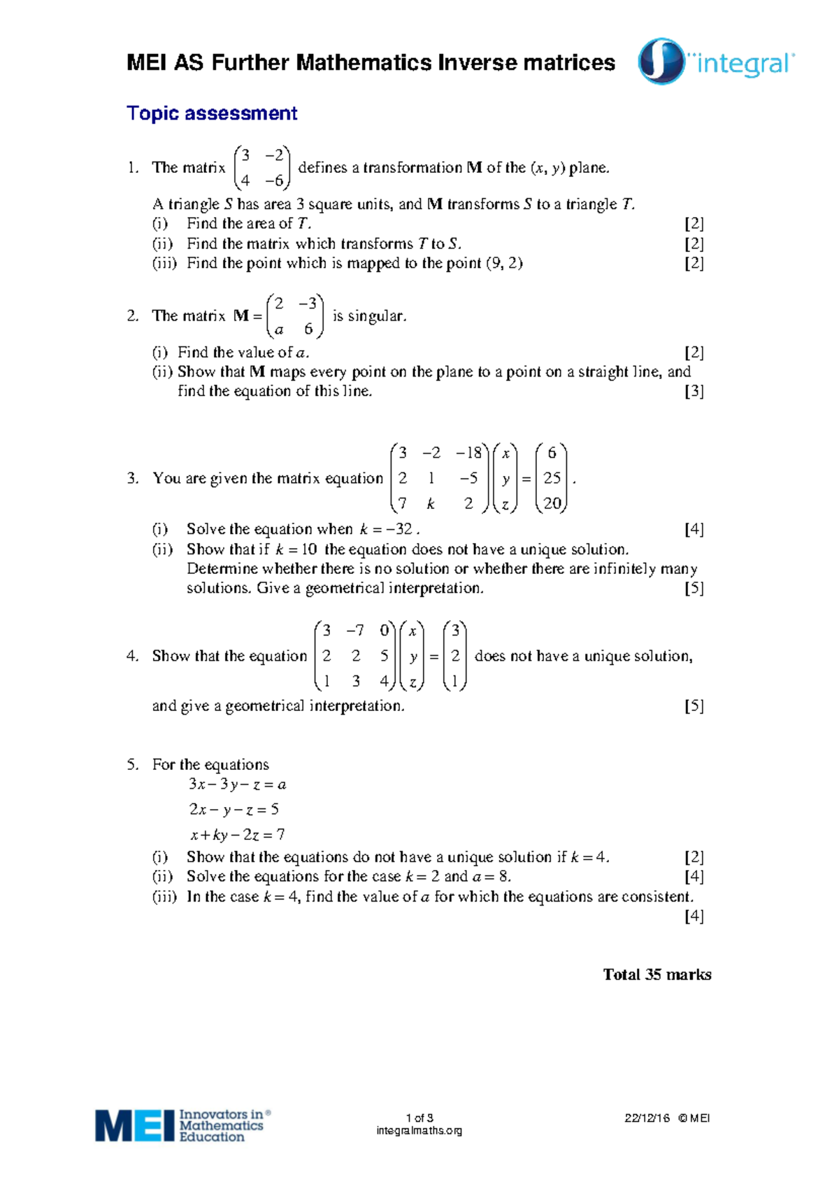 MEI AS Further Mathematics Inverse Matrices Topic Assessment Solutions ...