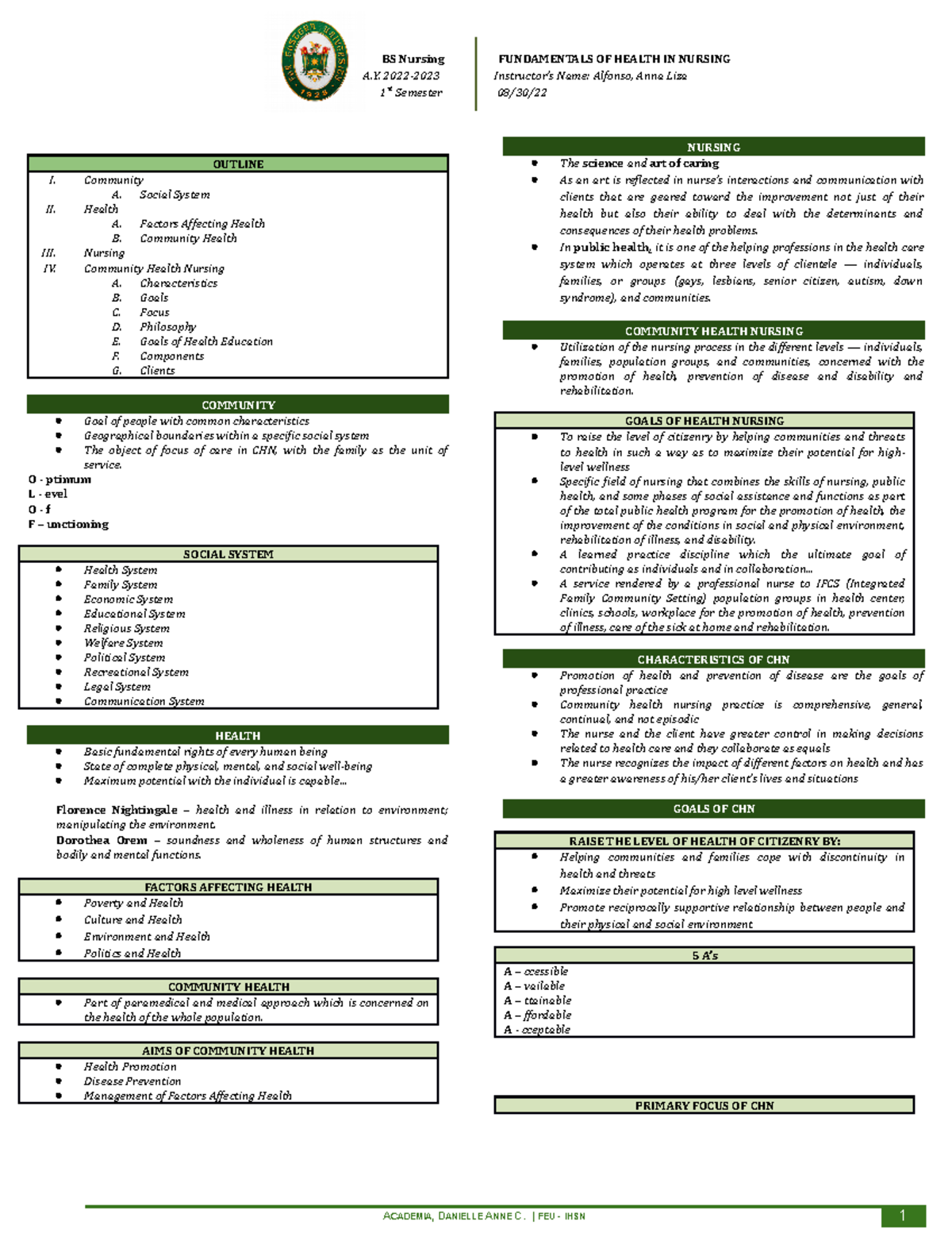 CHN Module 1 Notes - Community Health Nursing Overview (08-30-22) - Studocu