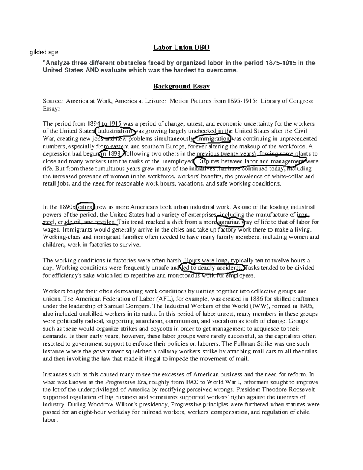 Labor Union DBQ: Overcoming Obstacles in the Gilded Age (HIST 202 ...
