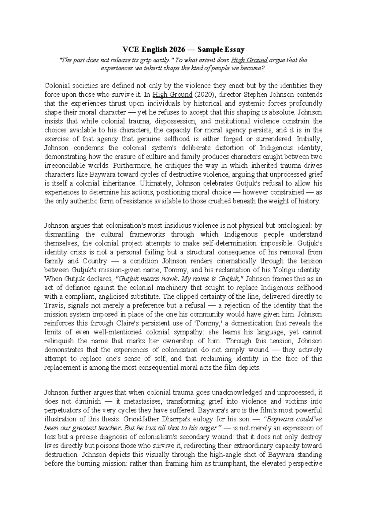 VCE English 2026 High Ground Sample Essay Analysis on Identity and ...
