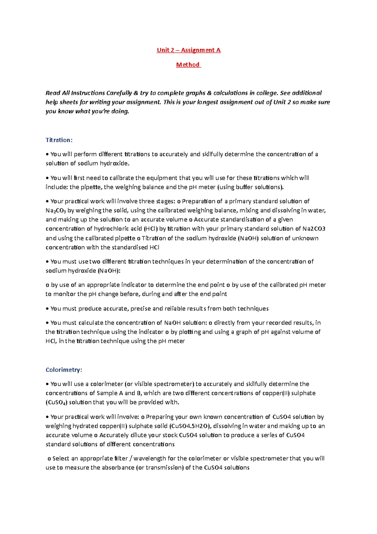 Assignment A - Method for an assessed practical - Unit 2 – Assignment A ...