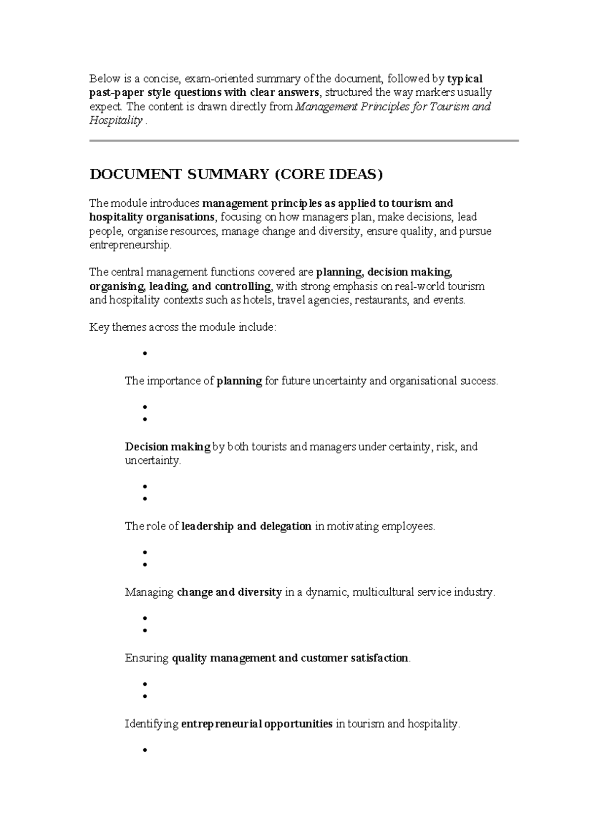 Management Principles in Tourism & Hospitality: Summary & Q&A - Studocu