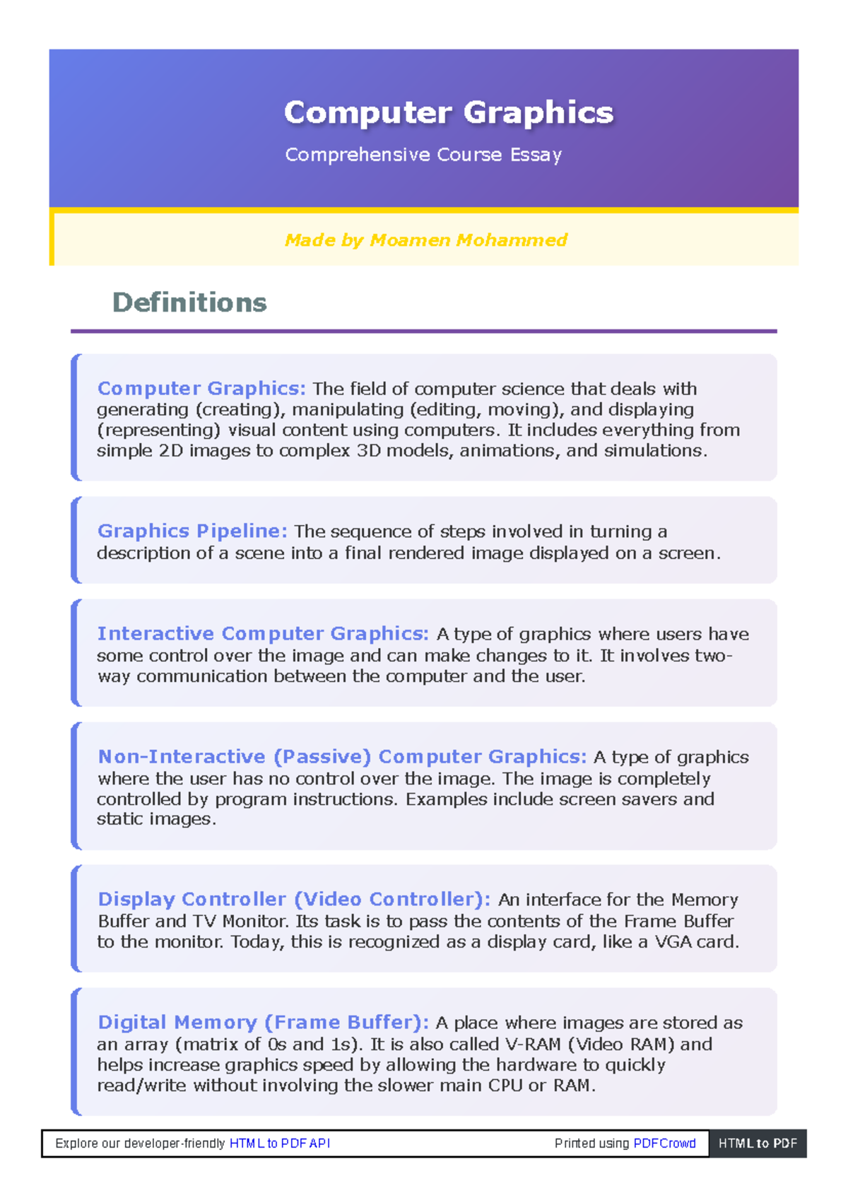 Computer Graphics (CS101) Comprehensive Essay Notes - Studocu