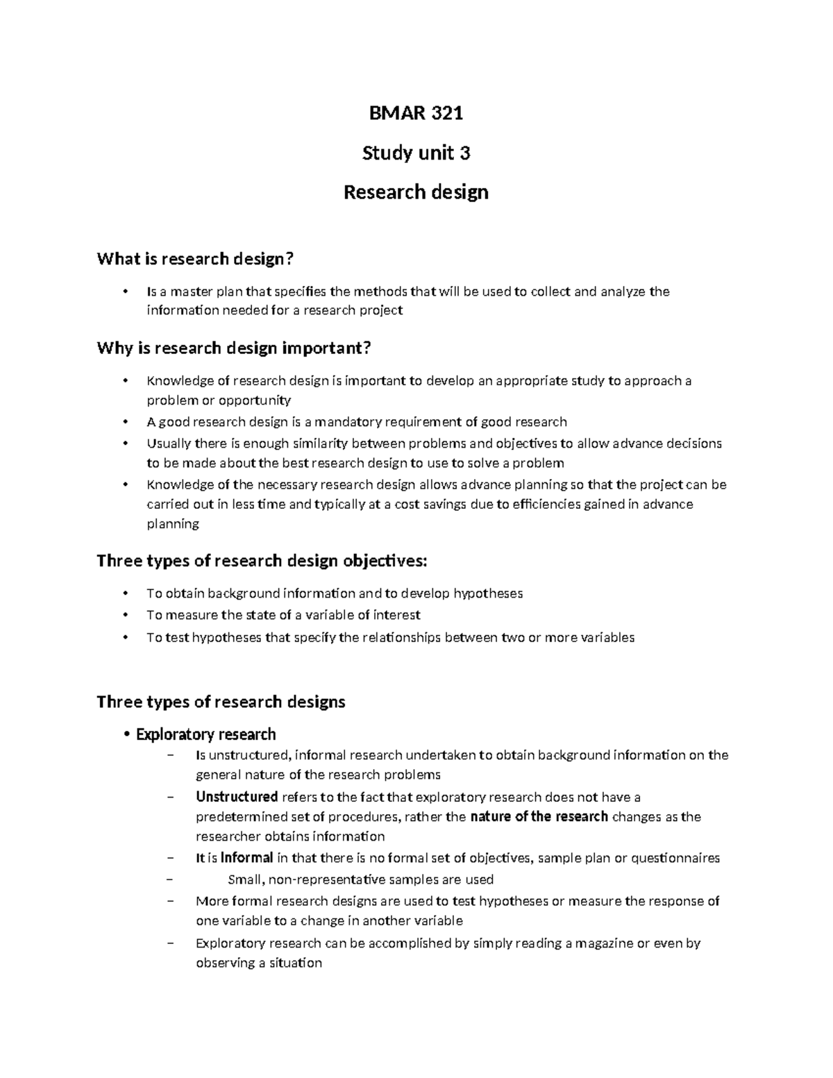 BMAR 321 Study Unit 3: Understanding Research Design Fundamentals - Studocu
