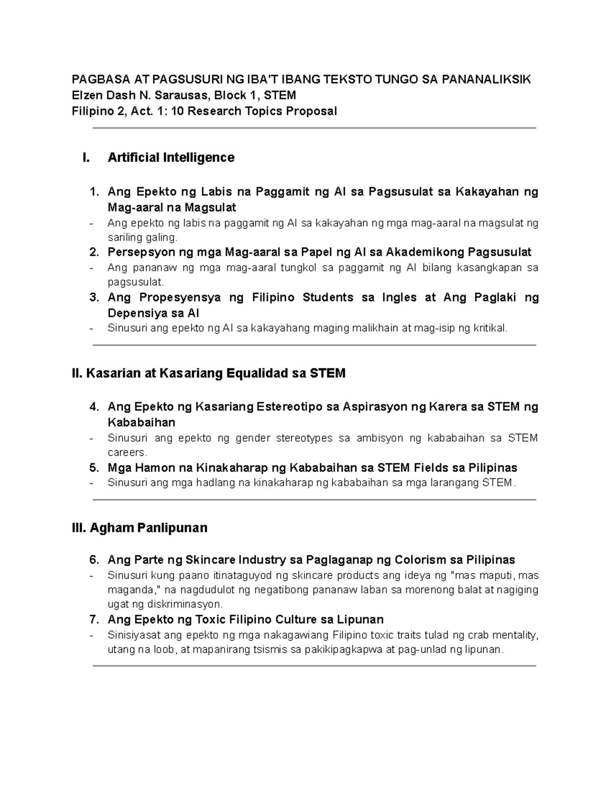 Filipino 2: 10 Research Topics Proposal on AI & Gender in STEM - Studocu