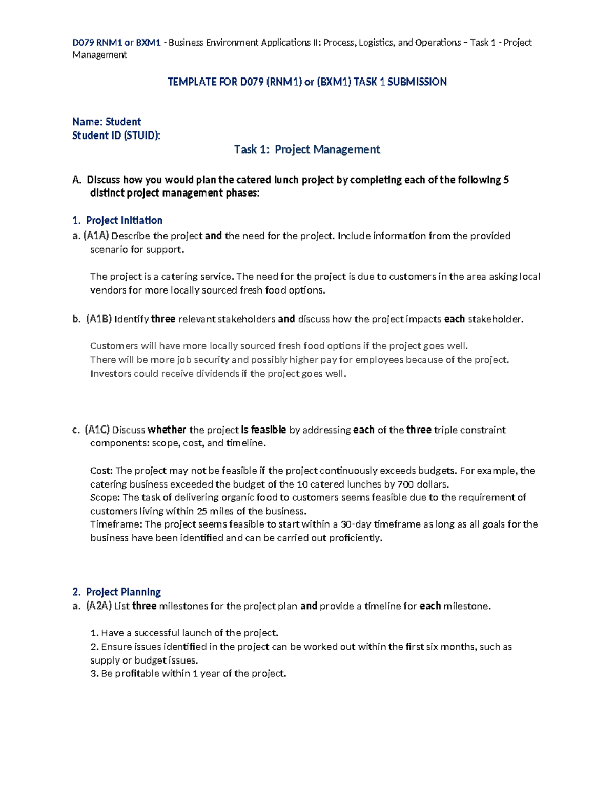 D079 RNM1 Task 1 - Project Management for Catering Service - Studocu