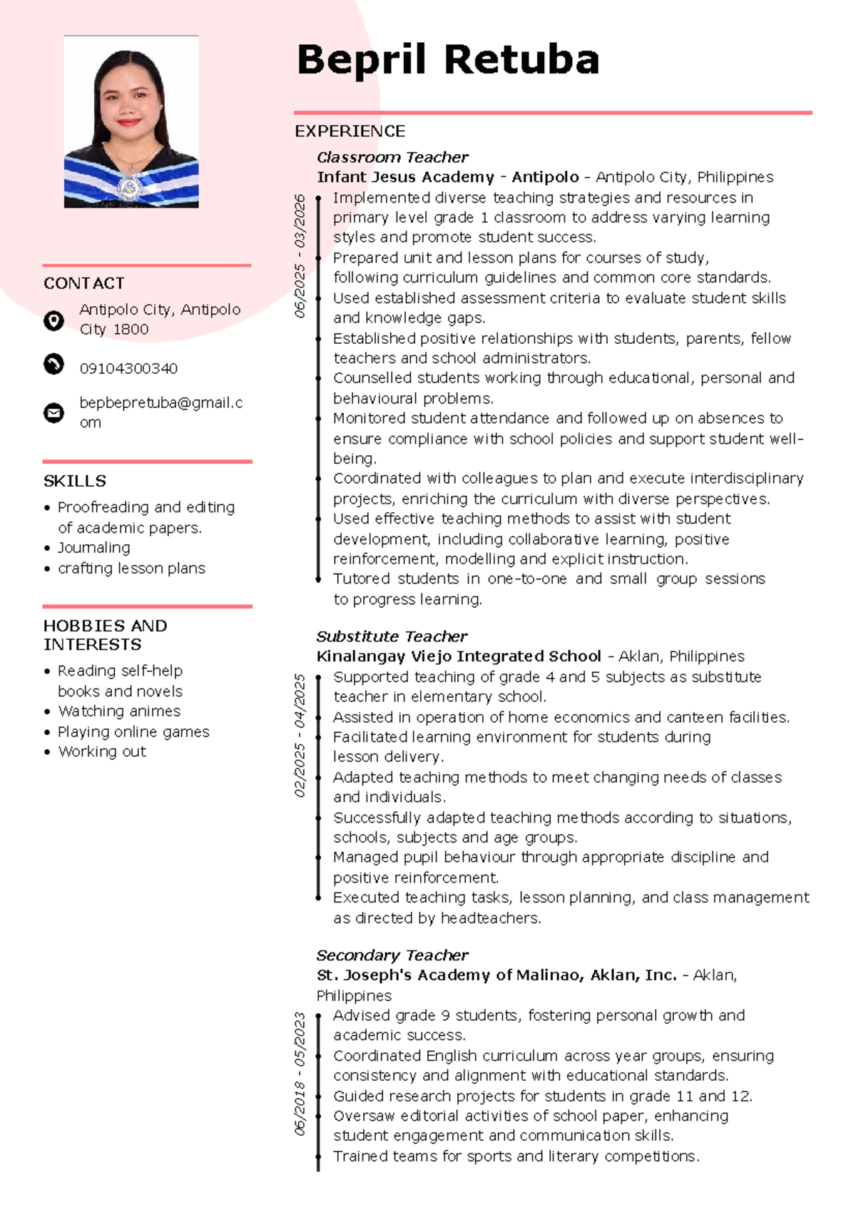 Bepril Retuba CV - Teaching Experience & Skills Overview - Studocu
