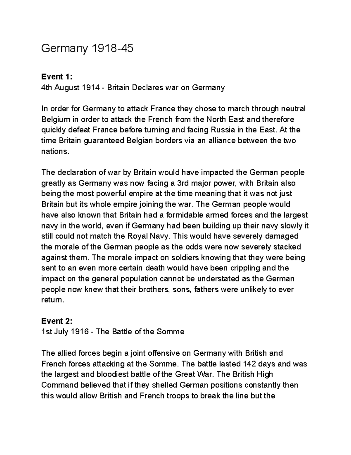 Germany History Summer Work: Key Events of WWI (Aug 1914 - Jul 1916 ...