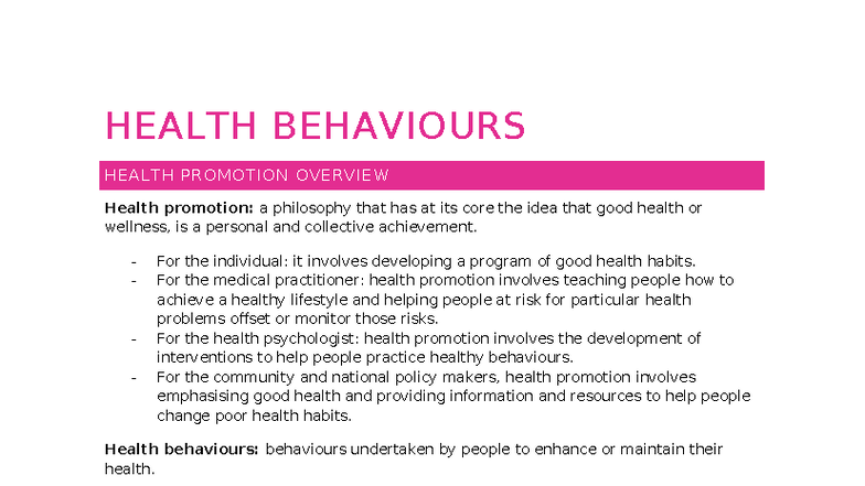 Chapter 3 - Health Behaviours: Overview and Promotion Strategies - Studocu