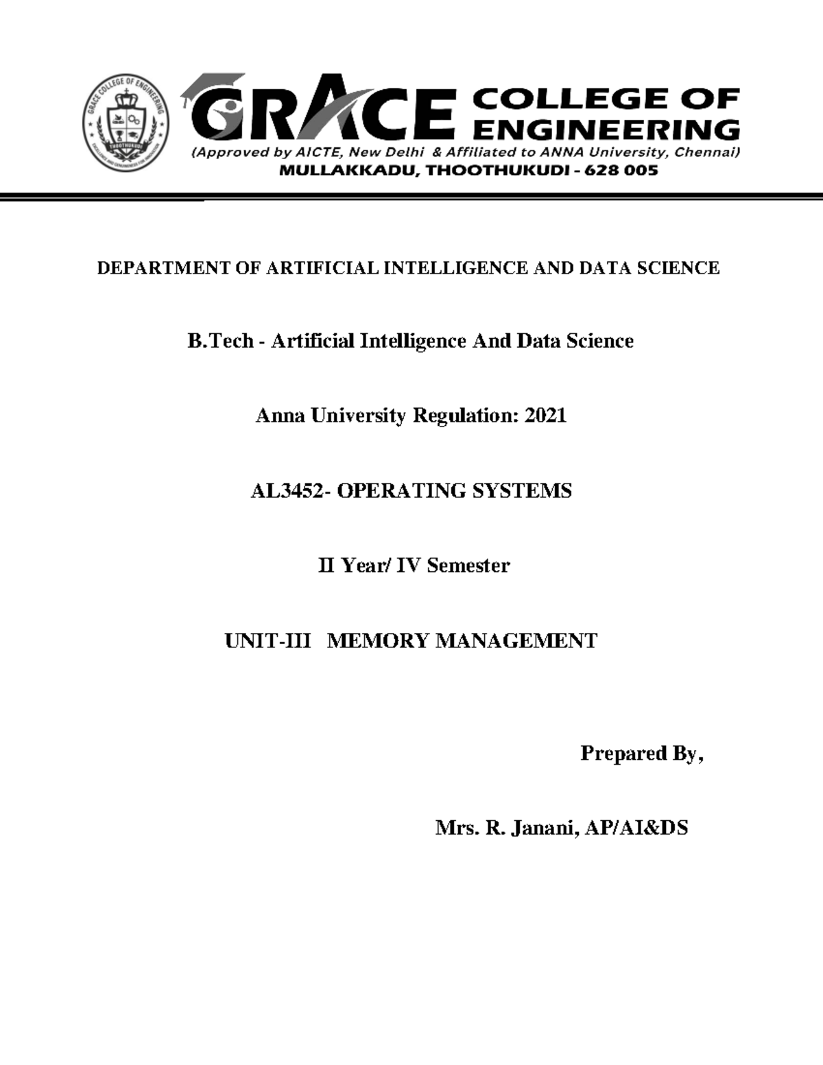 IV Semester AI&DS AL3452 Operating Systems Unit 3 Notes - Studocu