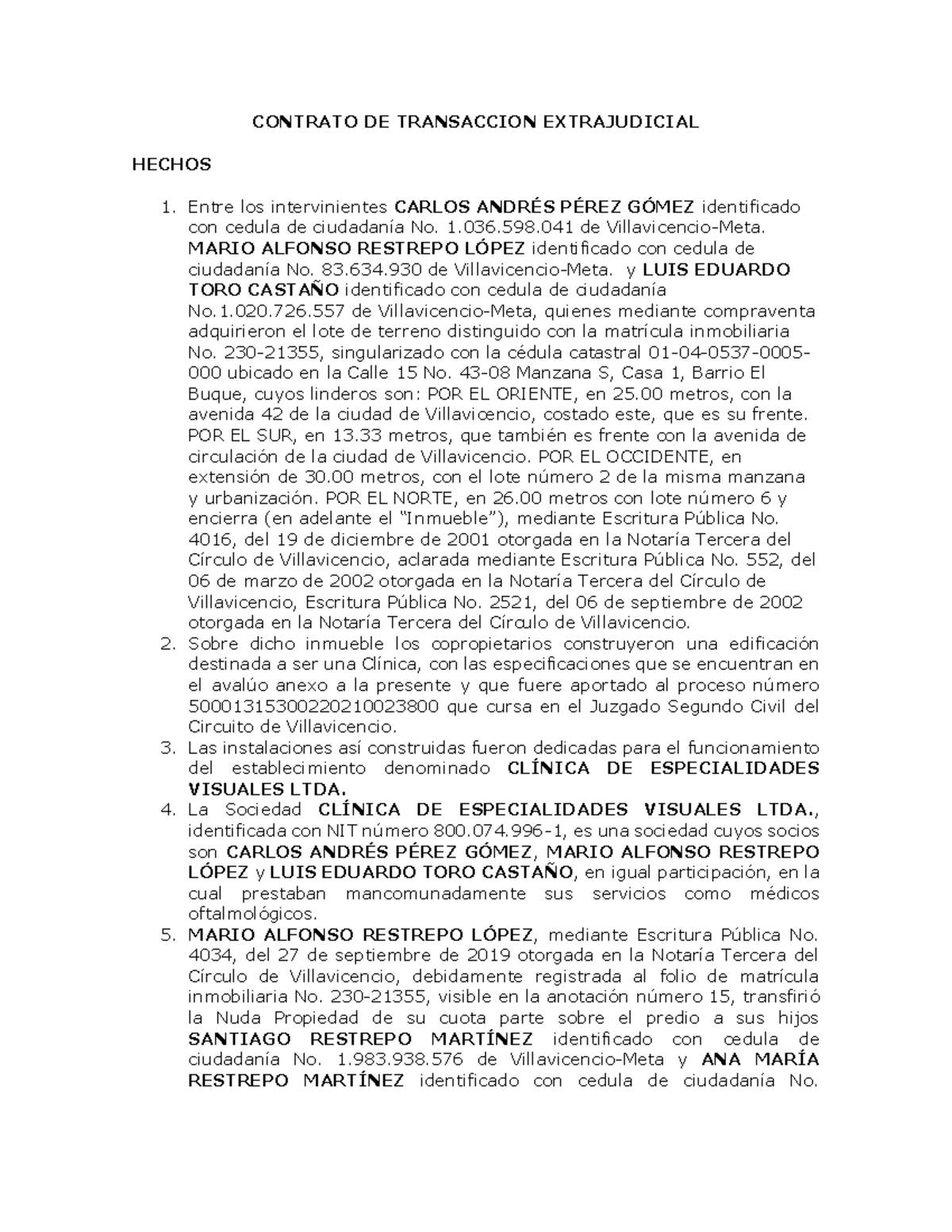 Contrato de Transacción Extrajudicial - Clínica de Especialidades ...