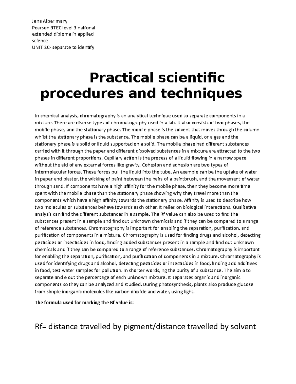 BTEC Level 3 Applied Science Unit 2C: Grass Chromatography Assignment ...