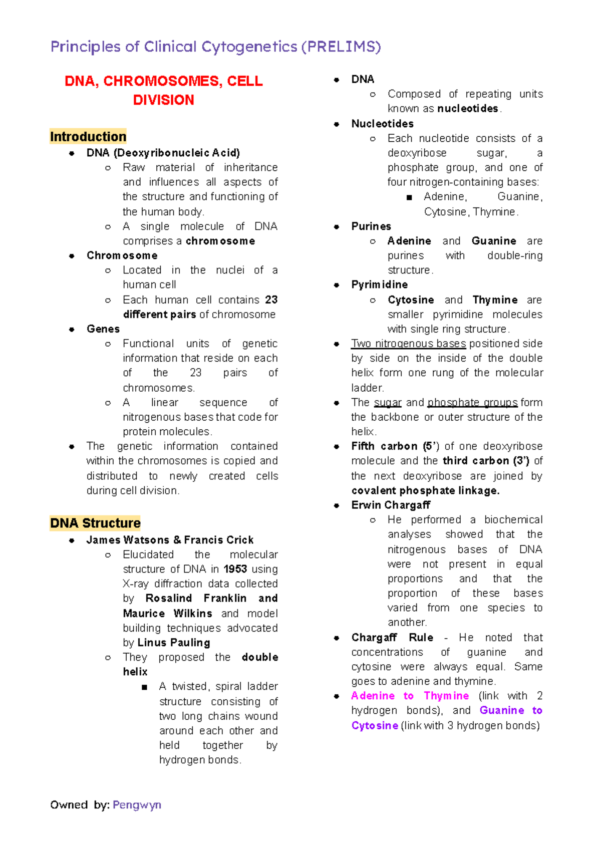 DNA, Chromosomes, CELL Division (transes notes) - DNA, CHROMOSOMES ...