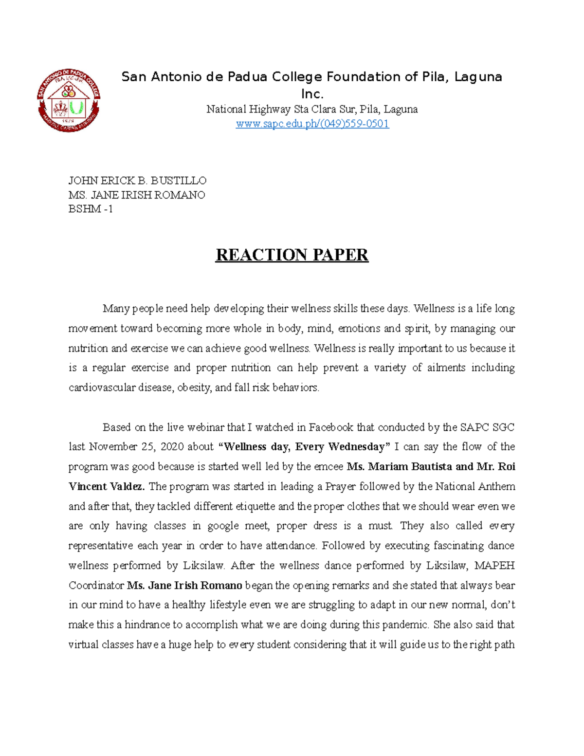 BSHM - Reaction Paper on Wellness Day Webinar Lecture - Studocu