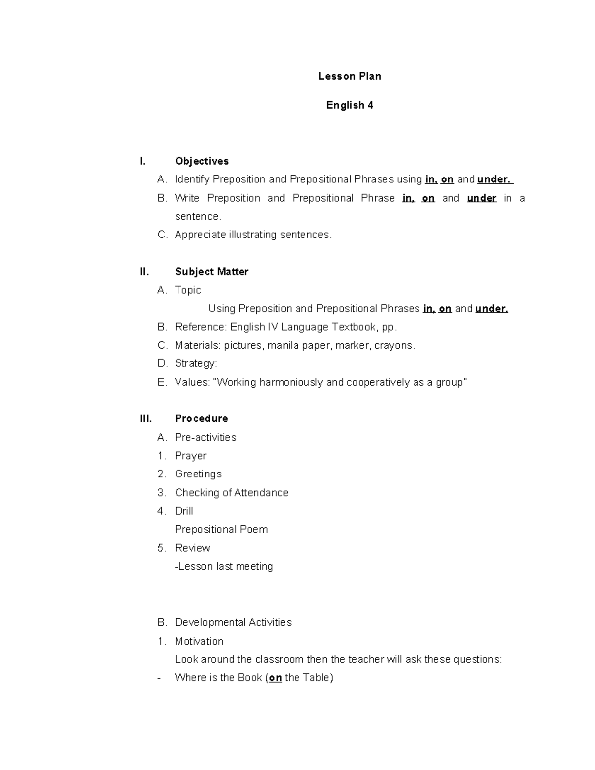 Lesson Plan in English 4 - Lesson Plan English 4 I. Objectives A ...