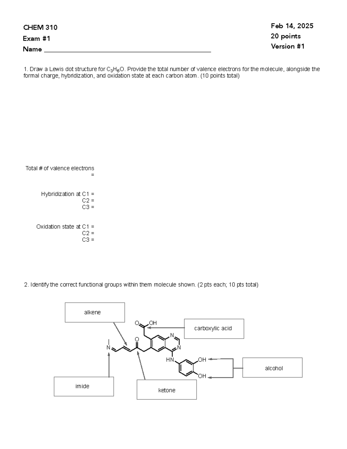 CHEM 310 - Exam #1 Study Guide: Lewis Structures & Functional Groups - Studocu