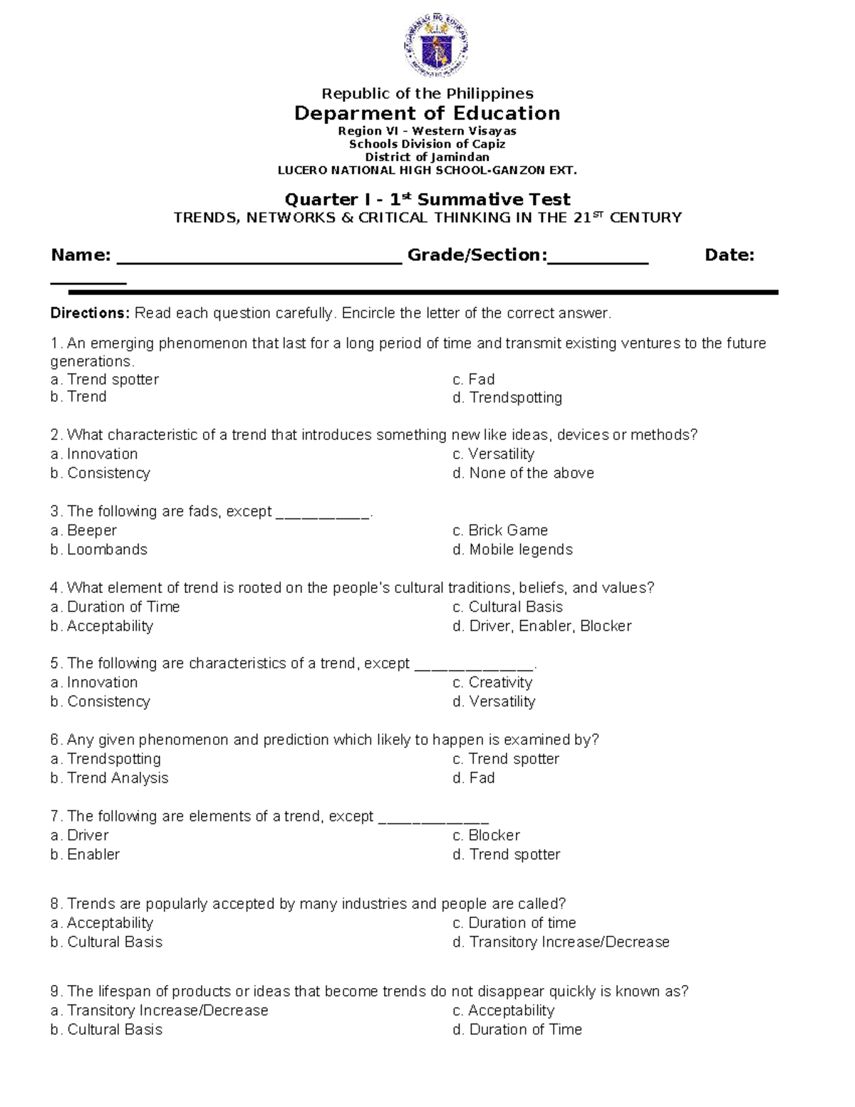 1ST Summative Test on Trends & Networks in 21st Century (TOS) - Studocu