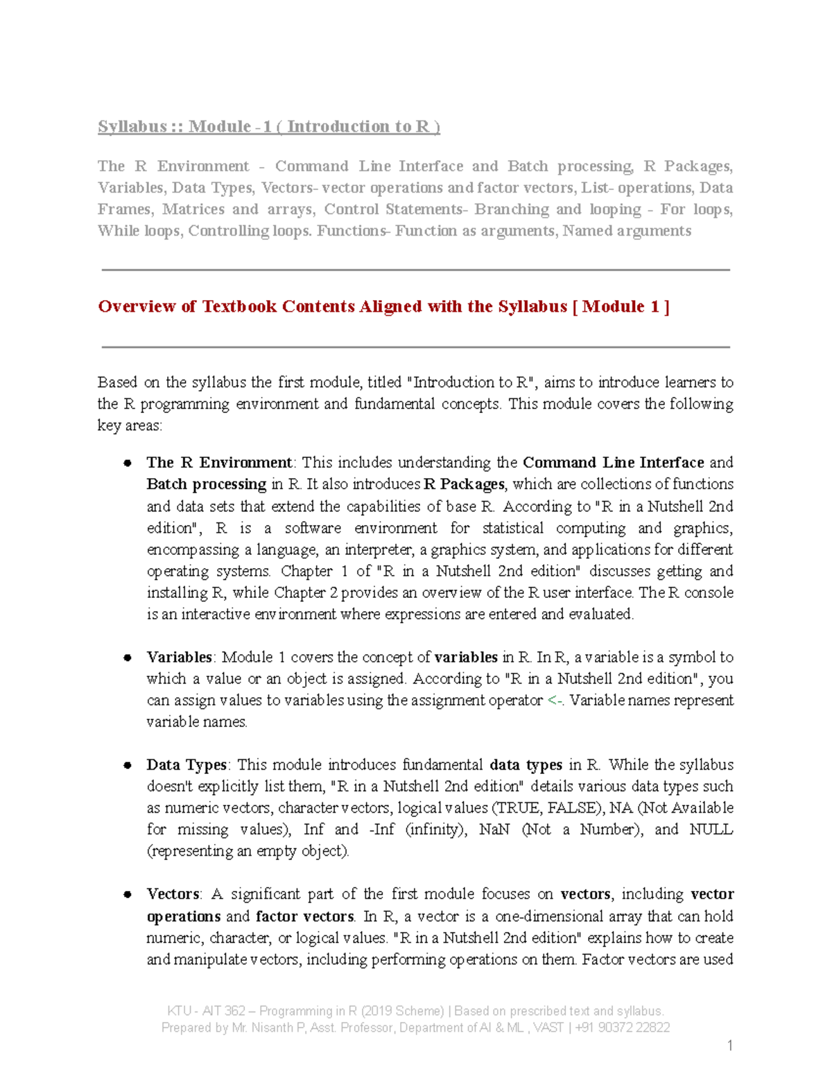 KTU AIT 362 Programming in R: Module 1 Syllabus Overview and Key ...