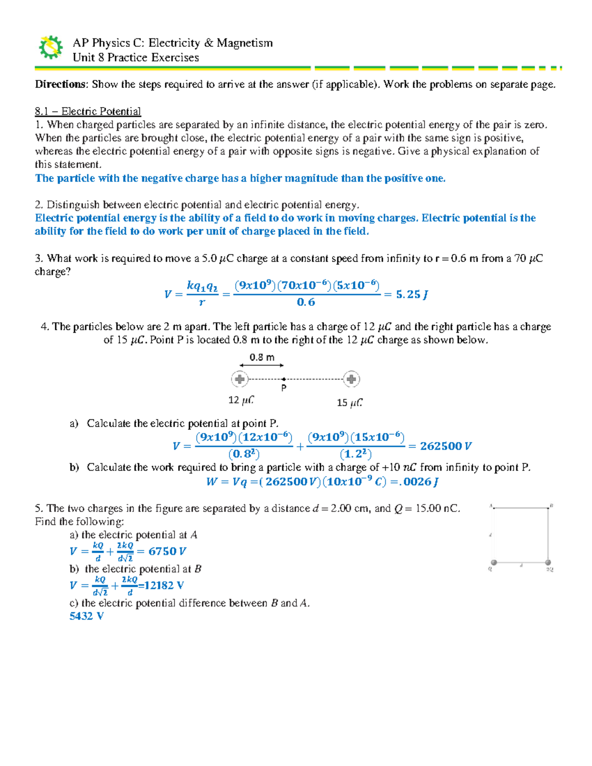 AP Physics C: Electricity & Magnetism Unit 8 Practice Solutions - Studocu