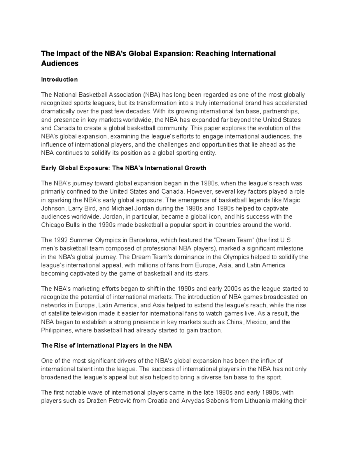 Research Op Paper The Impact of the NBA’s Global Expansion Reaching ...