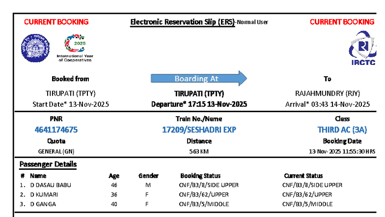 TPTY-RJY Train Booking Confirmation - PNR 4641174675 - Studocu