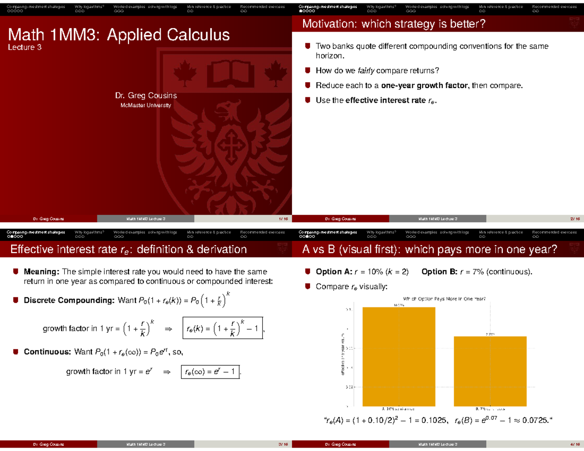 Math 1MM3: Lecture 3 - Comparing Investment Strategies with Logs - Studocu