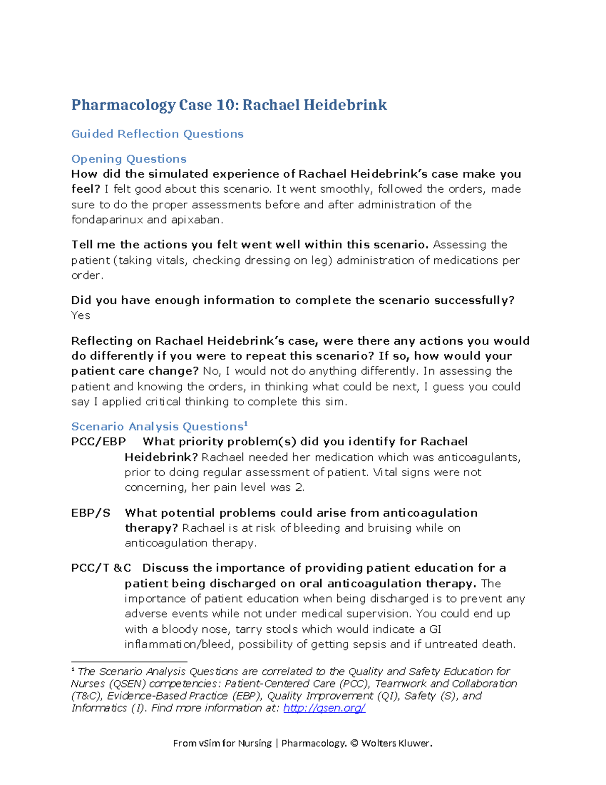 Pharmacology Case Study 10: Rachael Heidebrink - VSIM Reflections - Studocu