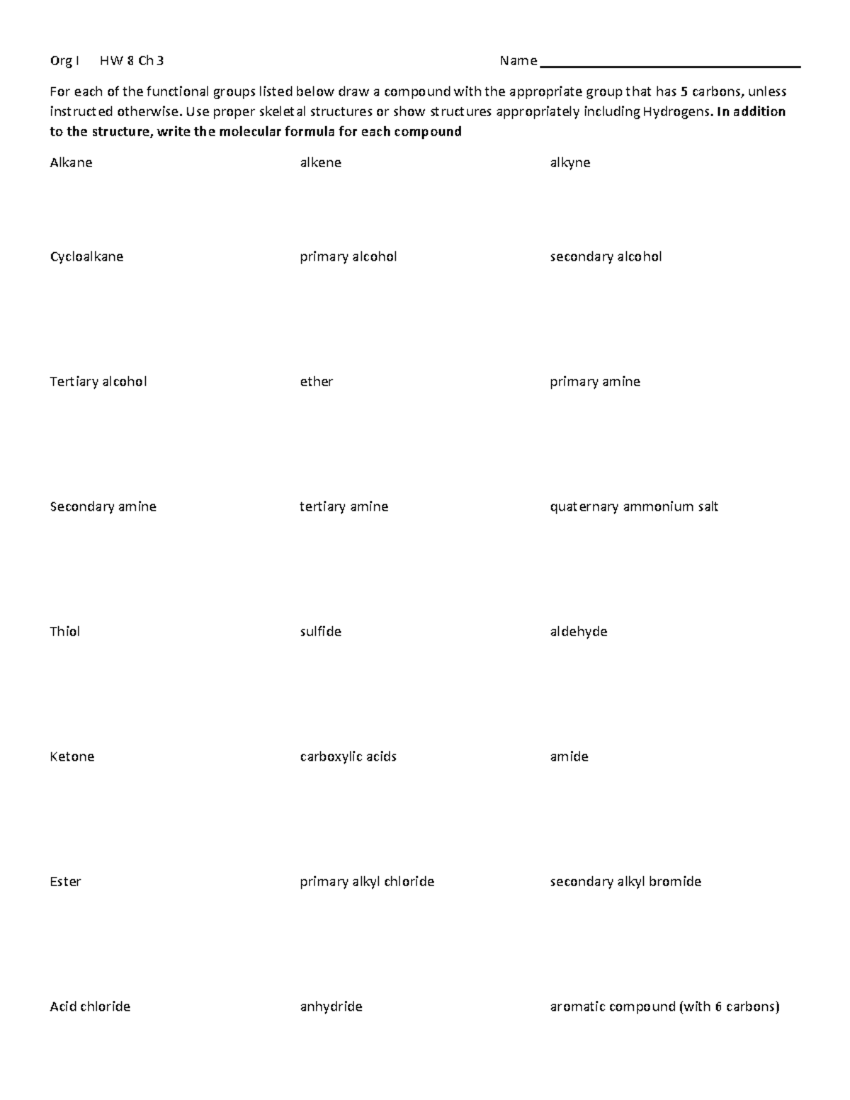 Organic Chemistry Homework 8: Functional Group Structures and Formulas ...