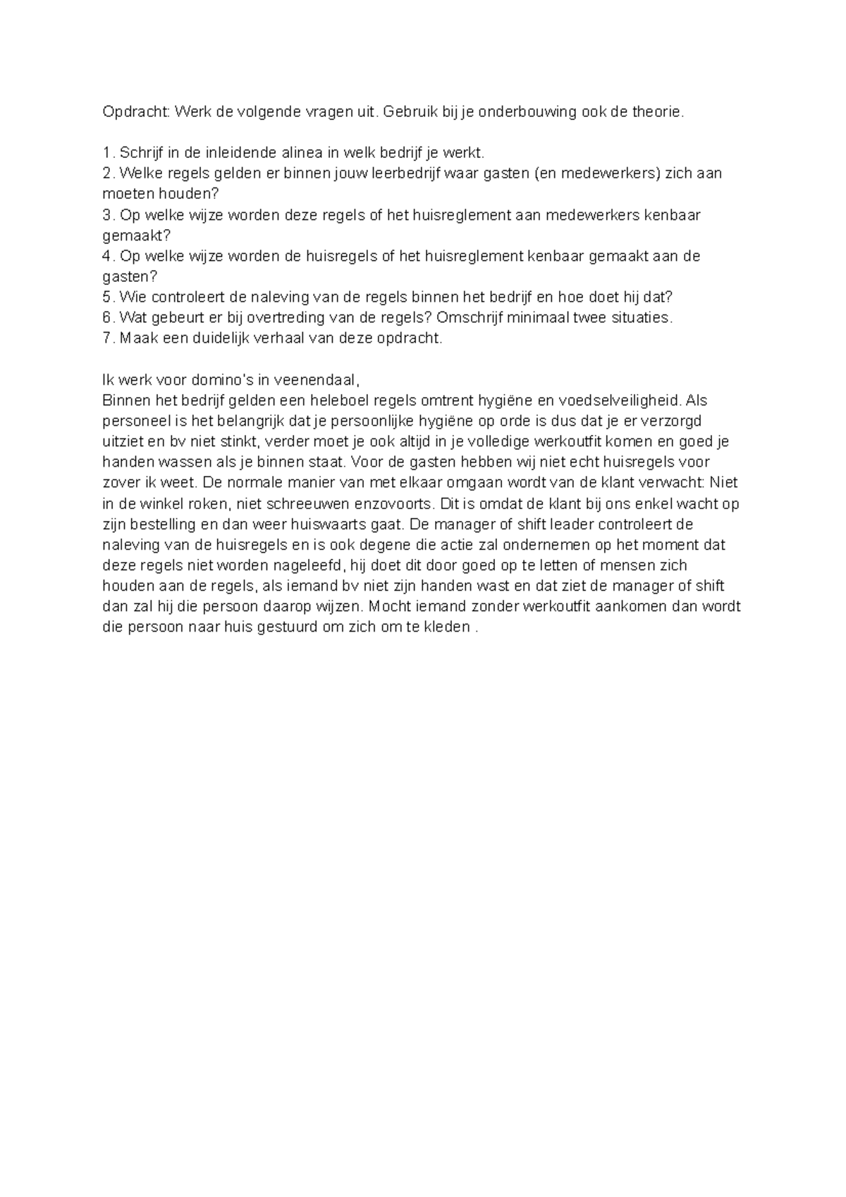 Werkplekopdracht Sociale Hygiëne: Regels en Naleving bij Domino's ...