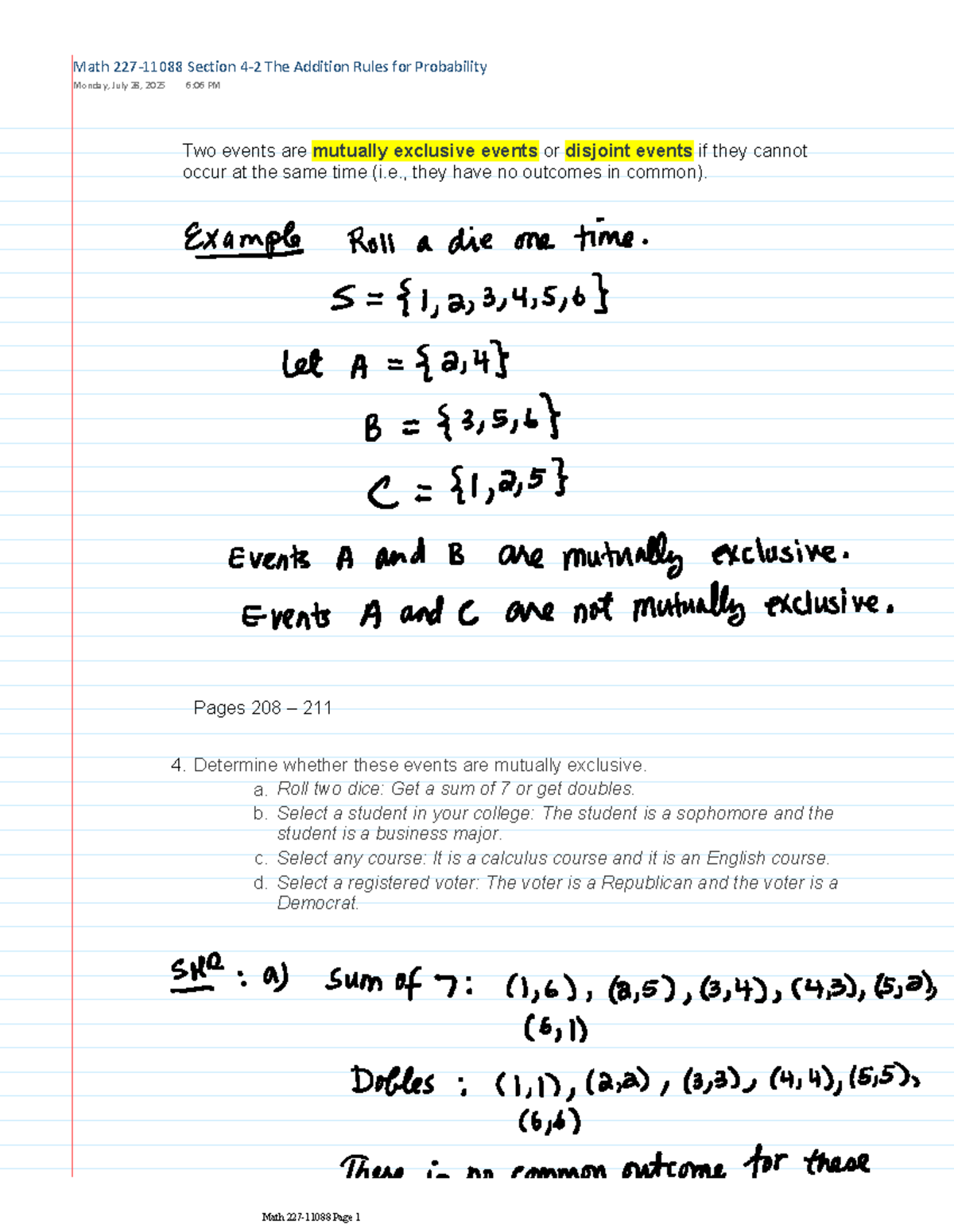 Math 227-11088: Addition Rules for Probability and Applications - Studocu