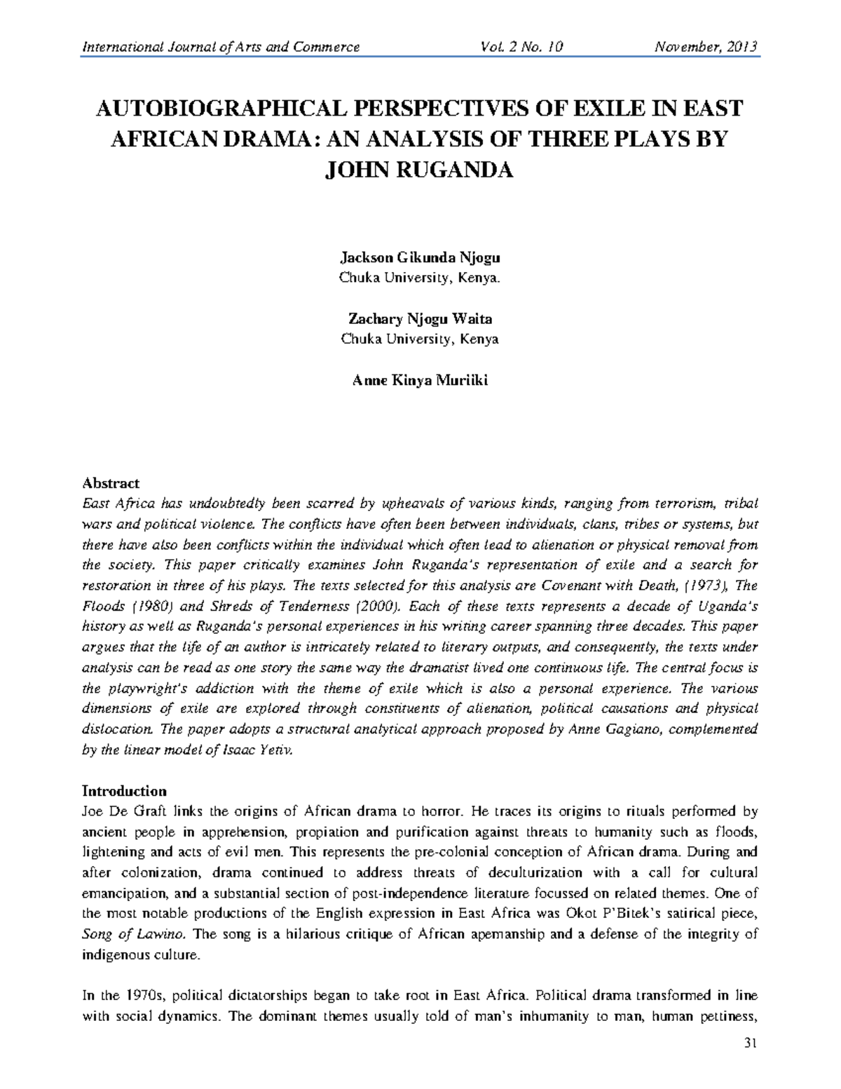 Analysis of John Ruganda’s Plays: Exile and Dislocation Themes - Studocu