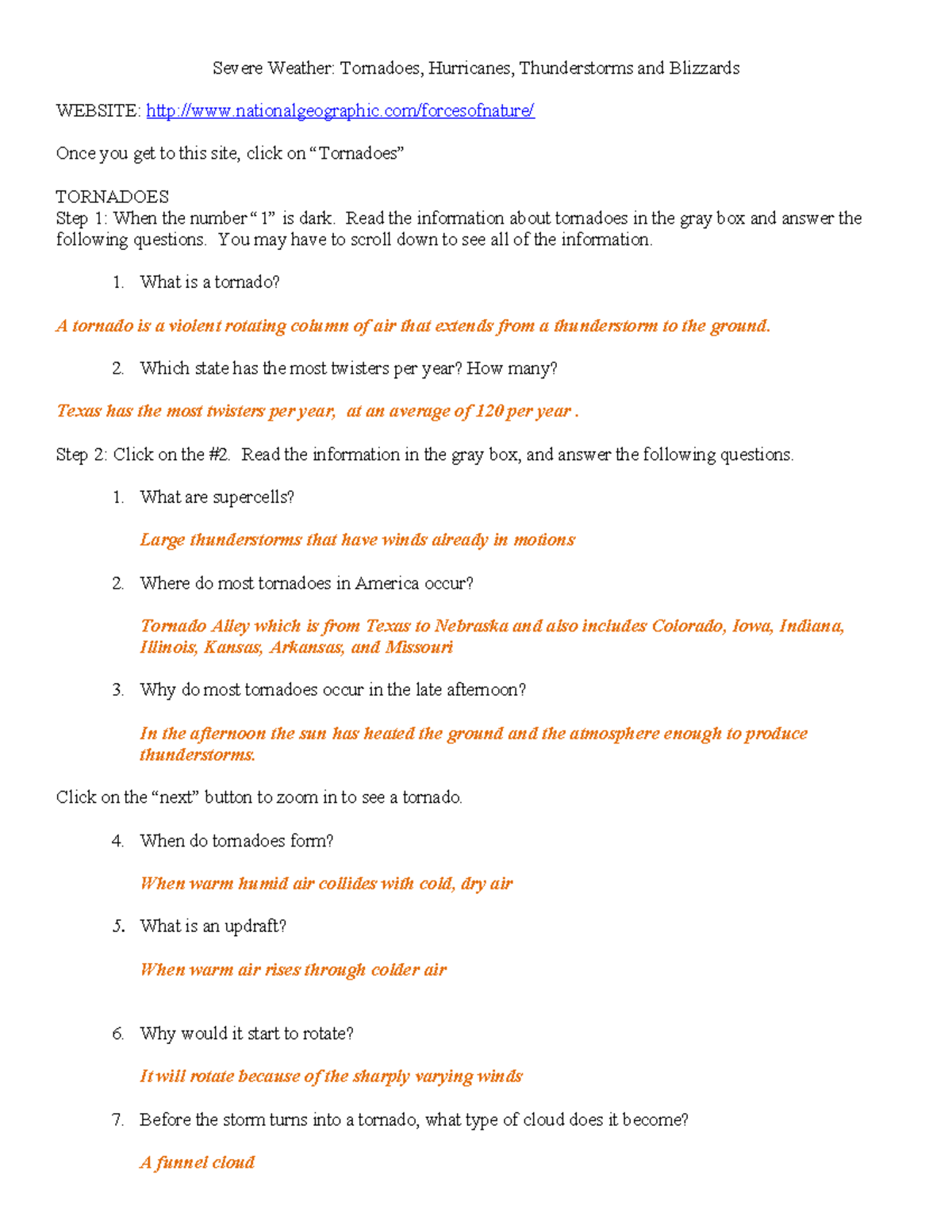 Severe Weather Webquest Answers: Tornadoes, Hurricanes, Storms, and ...
