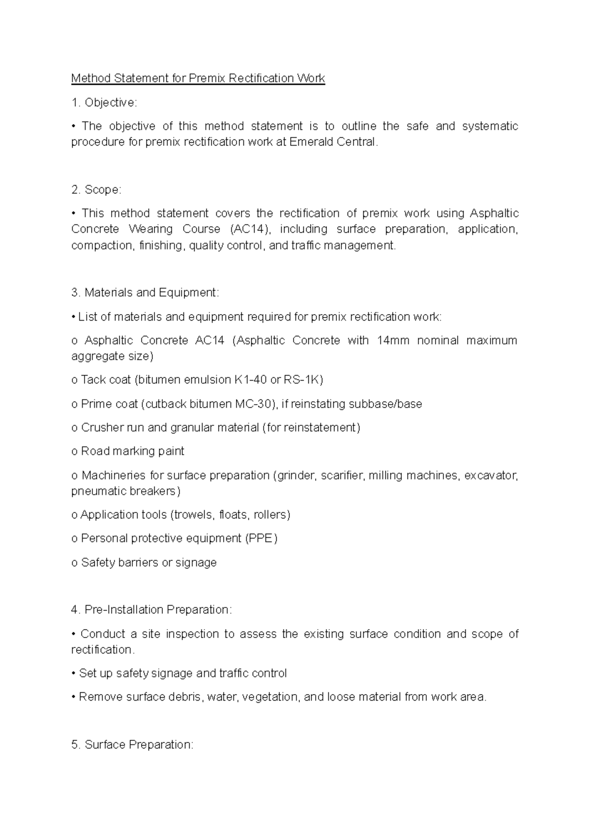 Method Statement for MOS Premix Rectification Work - Studocu