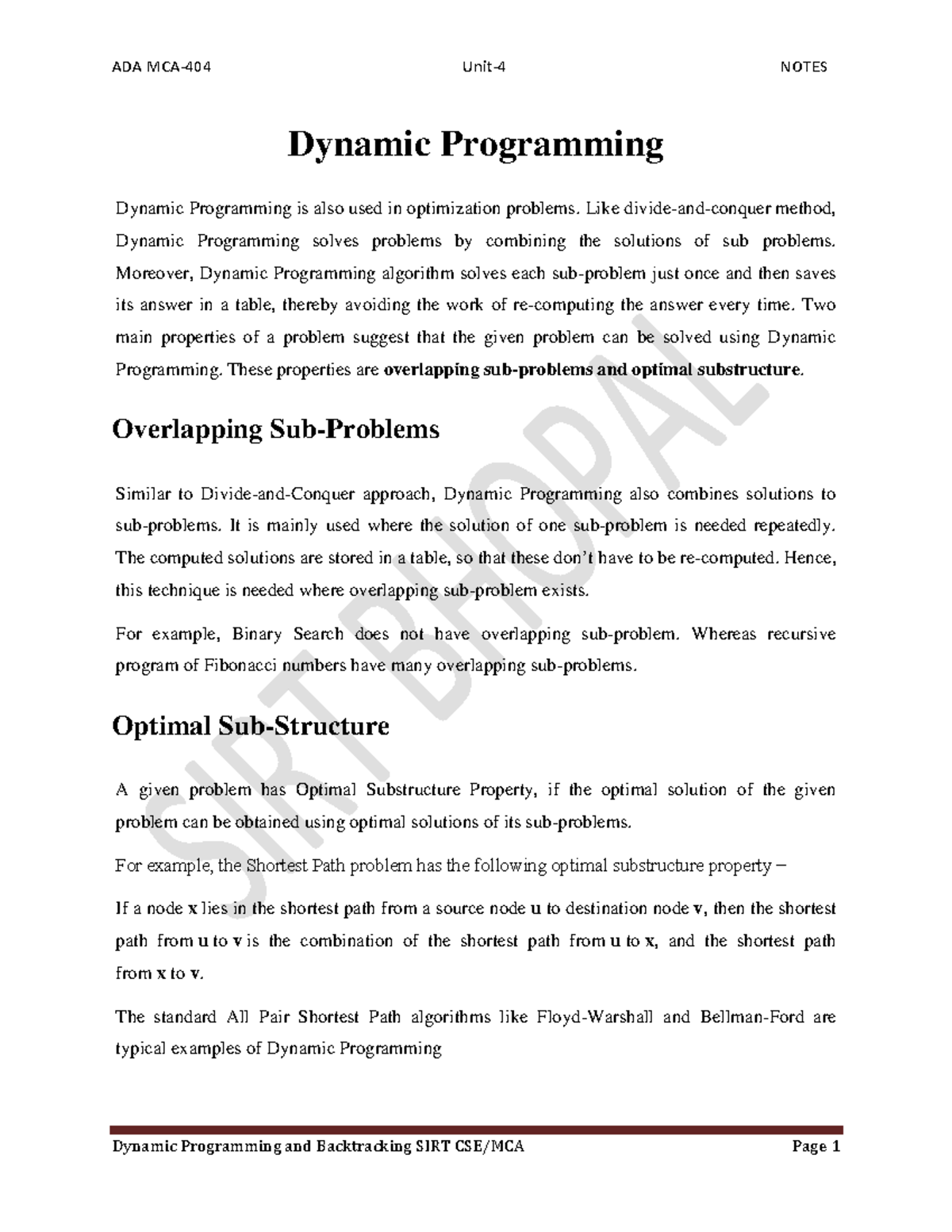 Unit 4 MCA-404 ADA - Dynamic Programming Concepts and Techniques - Studocu