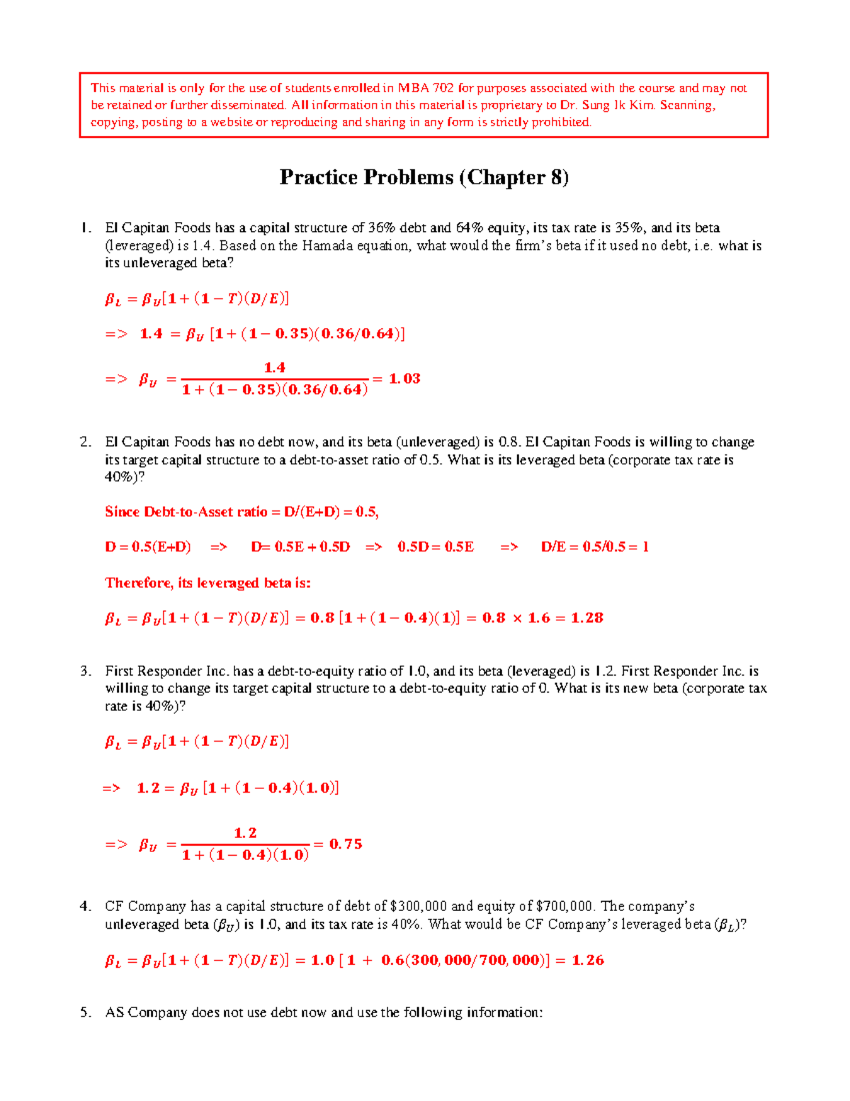 MBA 702 Practice Problems: Leveraged and Unleveraged Beta Calculations ...