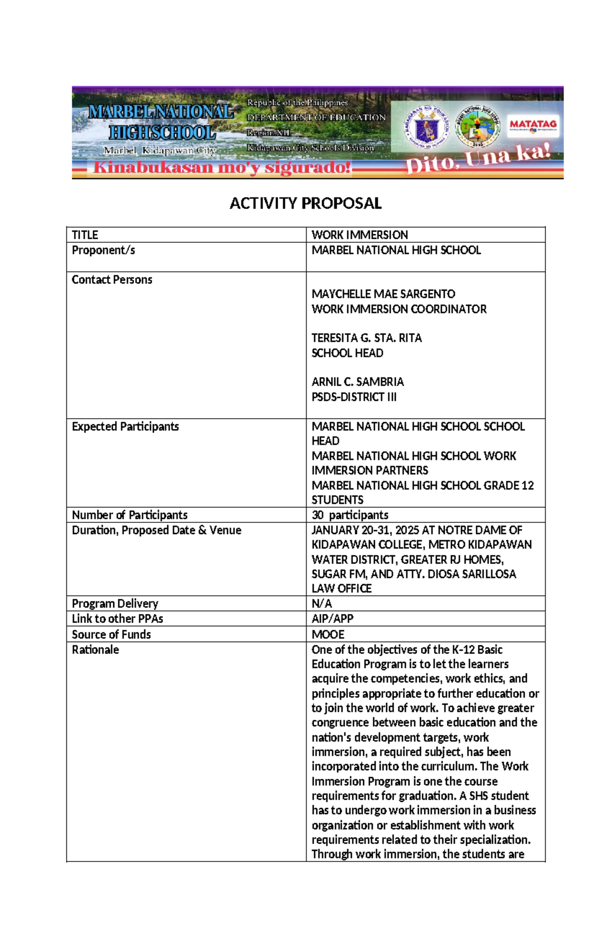 WORK Immersion Project Proposal - ACTIVITY PROPOSAL TITLE WORK ...