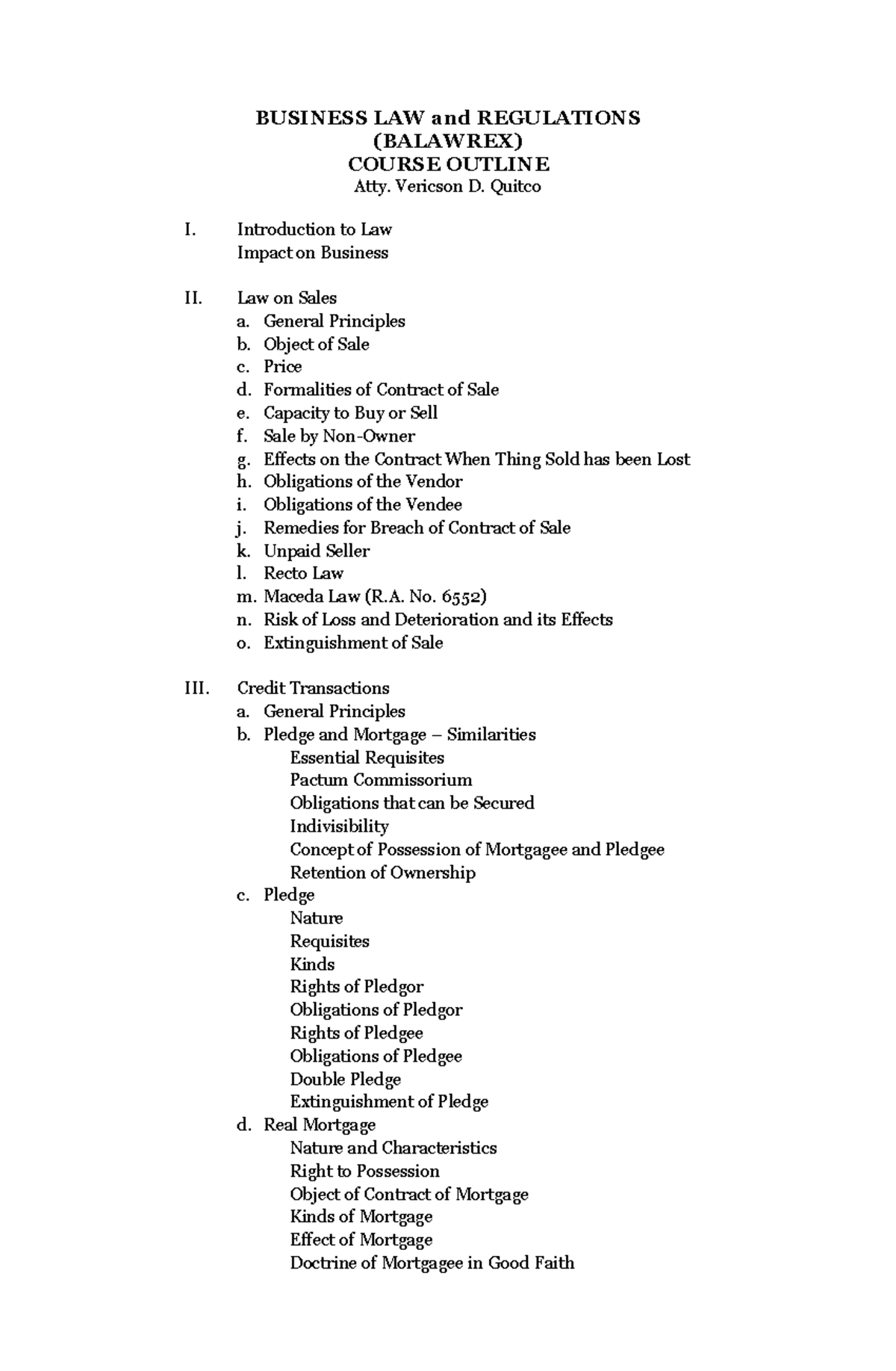 FINAL OUTLINE FOR BUSINESS LAW AND REGULATIONS (BALAWREX) - Studocu