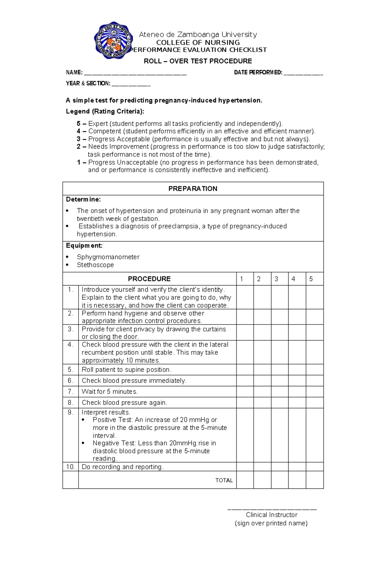 Nursing 101: Roll-Over Test Clinical Procedure Evaluation Checklist ...