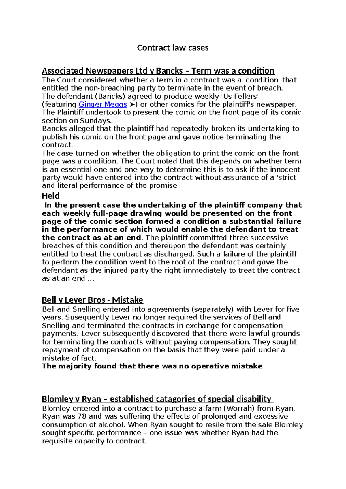 Contract Law Cases: Key Judgments and Principles (LAW101) - Studocu