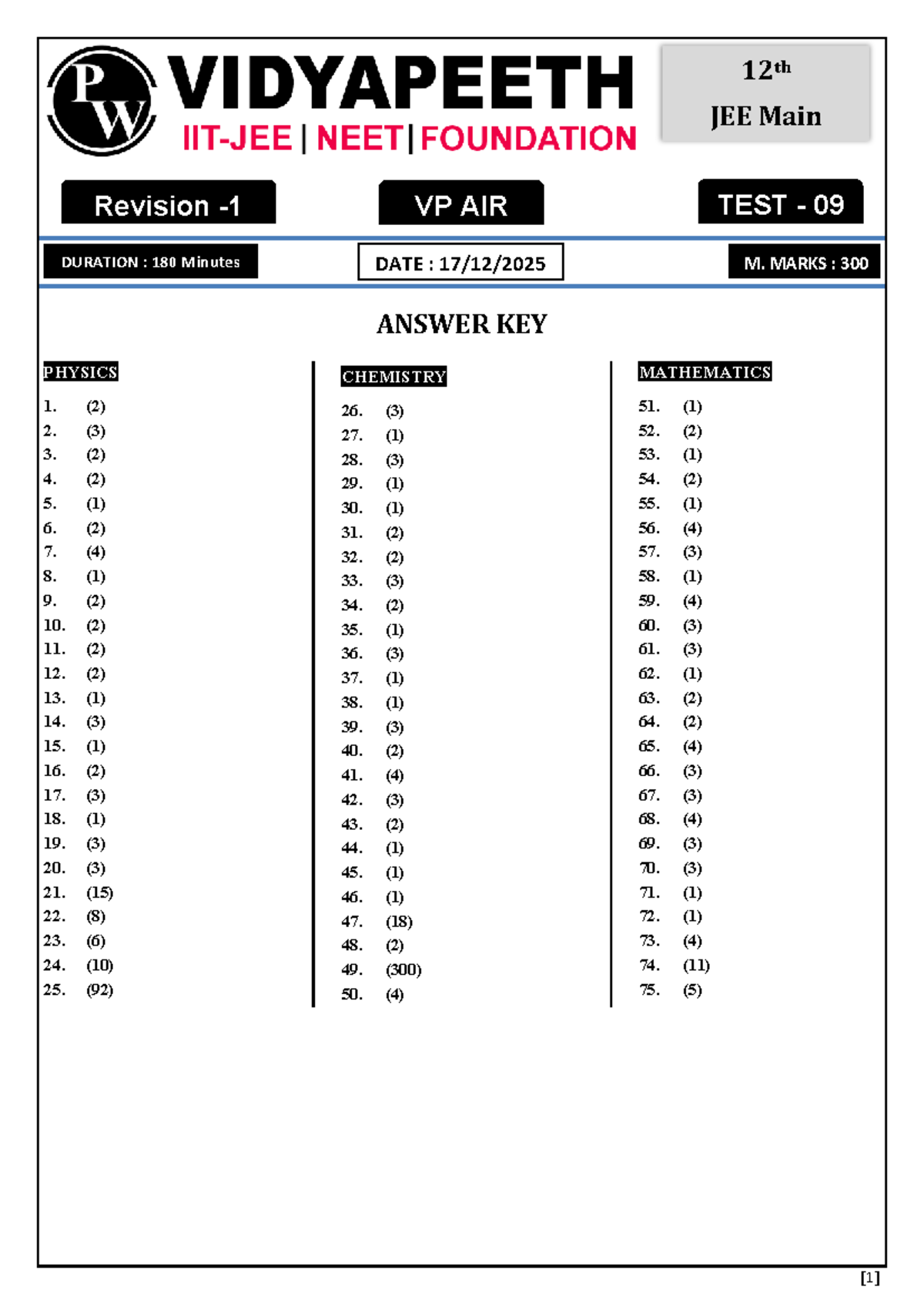 12th JEE Main Weekly Test-09 (VP AIR) - Answer Key & Solutions - Studocu