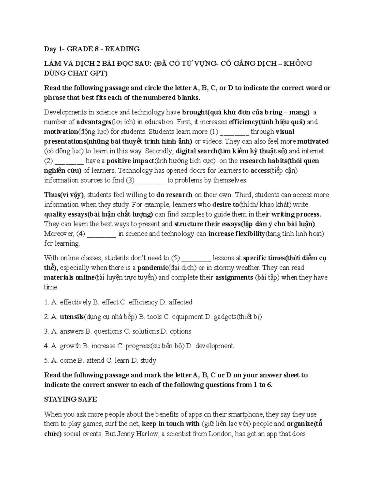 Day 1 - GRADE 8 - READING COMPREHENSION EXERCISES - Studocu