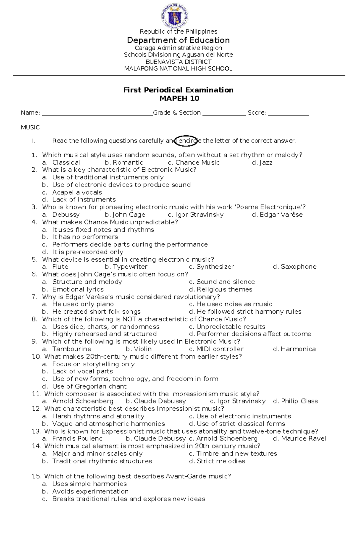 MAPEH 10 - First Quarter Exam with Table of Specifications - Studocu