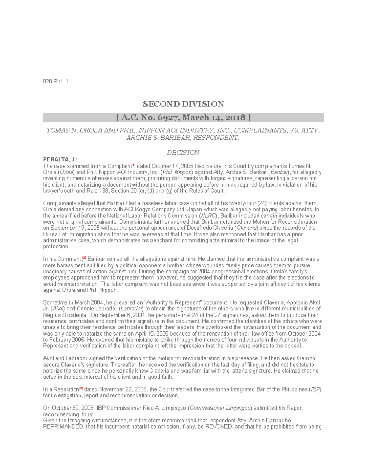 Orola vs. Atty. Baribar: Decision on Notarial Violations (A.C. No. 6927 ...